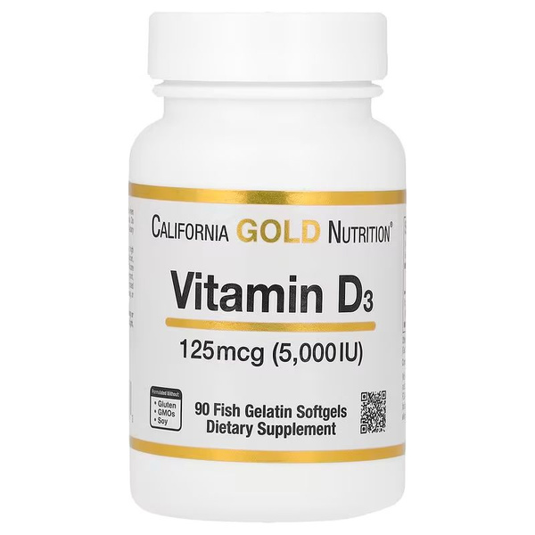 California Gold Nutrition, витамин D3, 125 мкг (5000 МЕ), 90 капсул из ...