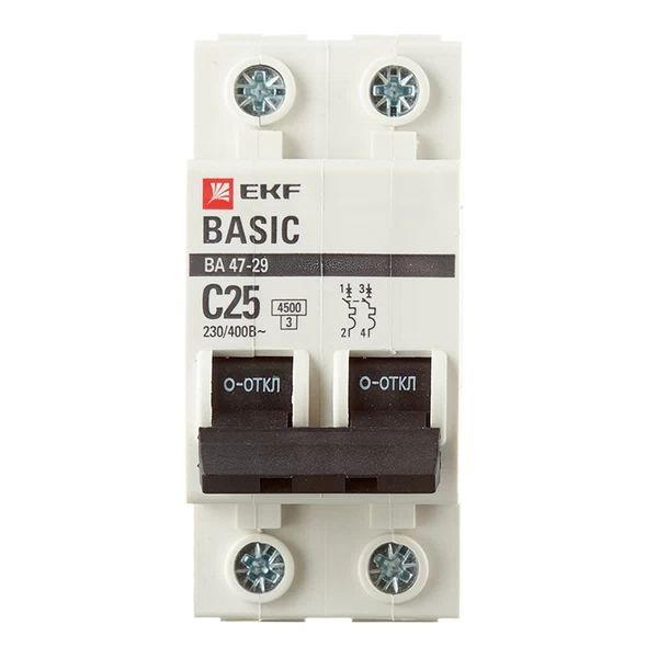 Автоматический выключатель модульный EKF Basic ВА 47-29 2P 25А тип С 4,5 кА 230 В (mcb4729-2-25C ...