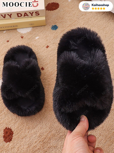 Тапочки Девочки MOOCIE Мех искусственный, размер 34, 35 черный Толстая подошва Китай Платформа ...