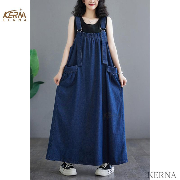 Сарафан Женский KERNA суровый темно-синий джинсовое Офисный/школьный Без рукавов Хлопок Погоны ...