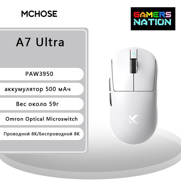 Характеристики MCHOSE Игровая мышь беспроводная A7 ULTRA, белый, серебристый подробное описание ...