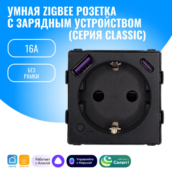 Характеристики Умная ZigBee розетка встраиваемая с USB и Type-C Smart Aura модуль без рамки ...