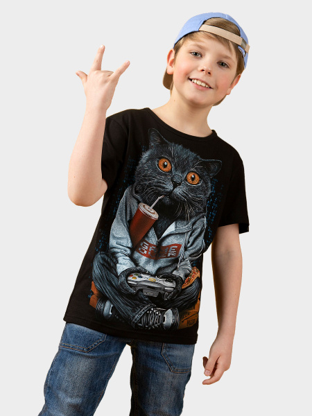 Футболка Мальчики KyKy wear черный Короткий, размер 128, 134 Хлопок Анималистический прямой ...