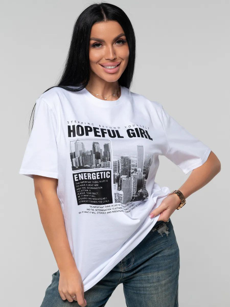 Футболка Женский Sofia trikotaz белый Средний, размер 48 Хлопок Другое свободный Повседневный ...