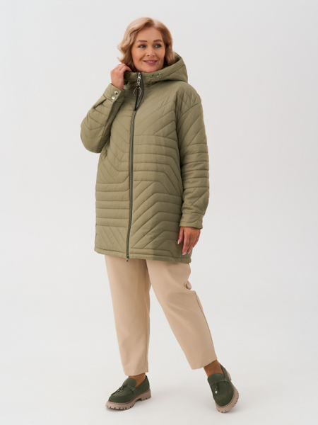Куртка Женский Elfina Карманы, Капюшон оливковый Нейлон, размер 52 Длинный Демисезон прямой ...
