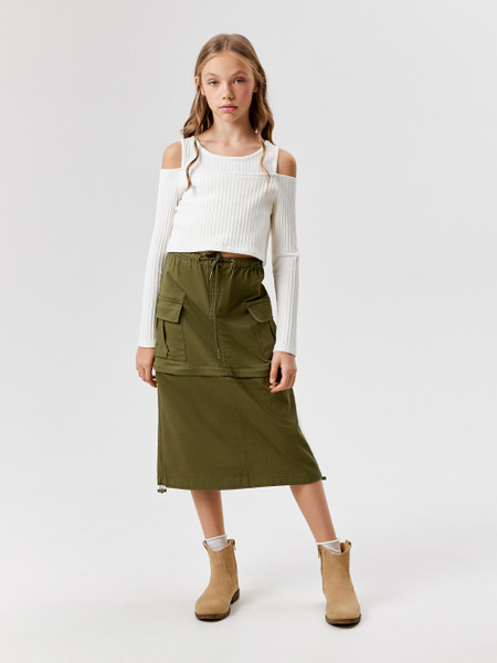 Юбка Девочки Acoola хаки Текстиль, Хлопок прямая, размер 140 Резинка, Шнурок Карманы Однотонный ...