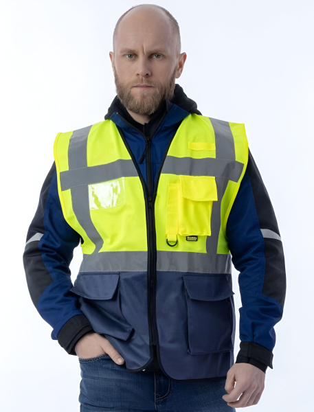 Жилет рабочий Мужской BRODEKS, размер 60, 62 желтый, темно-синий Полиэстер Разноцветный Молния ...