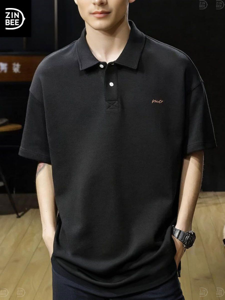 Поло Мужской ZinBee черный Короткий, размер 52 Полиэстер FR Камуфляж облегающий Повседневный ...