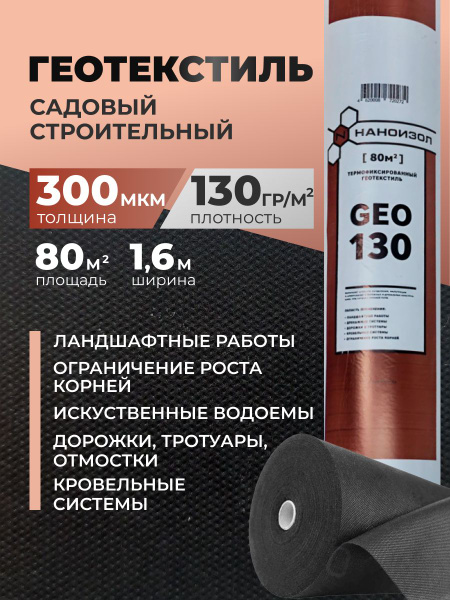 Геотекстиль садовый, строительный 300 микрон НАНОИЗОЛ GEO 130 гр/м2 80 ...