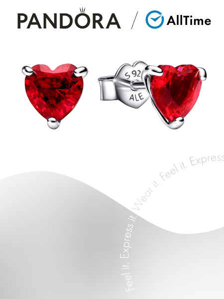 Серьги пусеты ''Red Heart'' серебро 925 с красными фианитами, PANDORA ...