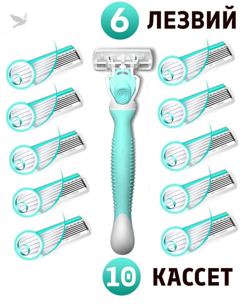 Бритвенный станок женский с 10 сменными кассетами, 6 лезвий Mint Fresh ...
