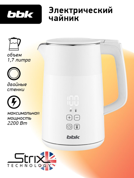 Чайник электрический с терморегулятором и подогревом BBK EK1704, белый, объем 1,7 л, мощность ...