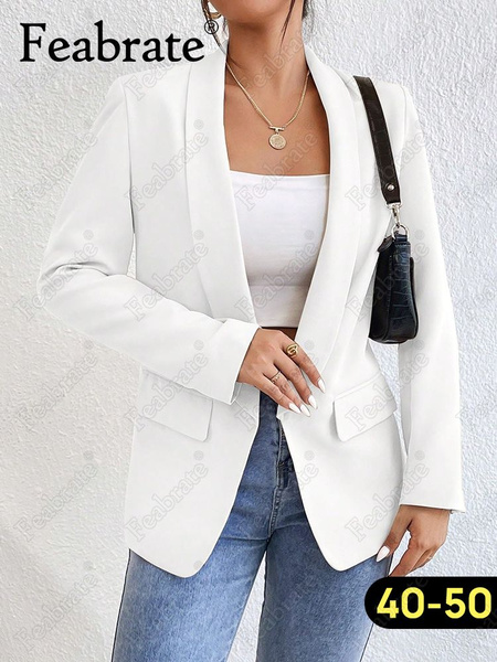 Пиджак Женский Feabrate белый, размер 44 Полиэстер облегающий Длинный Офисный/школьный Без ...