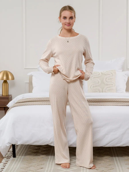 Пижама Женский NATIVIA Хлопок, Рибана, размер 48 бежевый Длинный Россия Без застежки Средняя ...