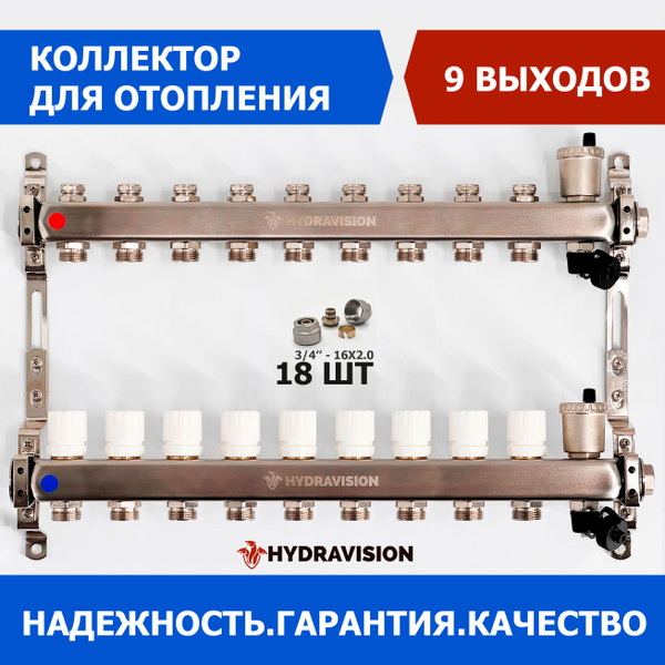 Коллектор для отопления на 9 выходов HYDRAVISION в комплекте с фитингом ...