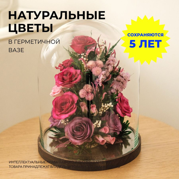 Роза в колбе живая Premium, стабилизированная без химии, выс. 26,9 см ...