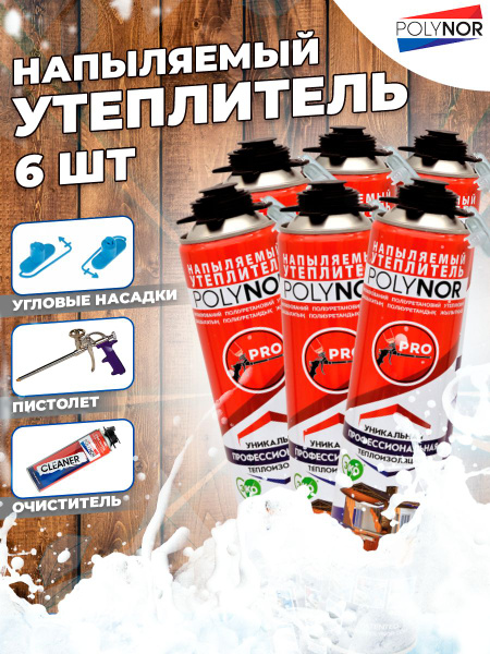 Комплект POLYNOR 6 шт - напыляемый утеплитель в баллонах под пистолет. ППУ пена Полинор для ...