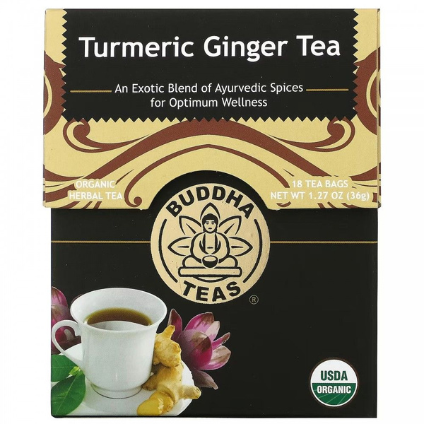 Buddha Teas, органический травяной чай, куркума и имбирь, 18 чайных ...