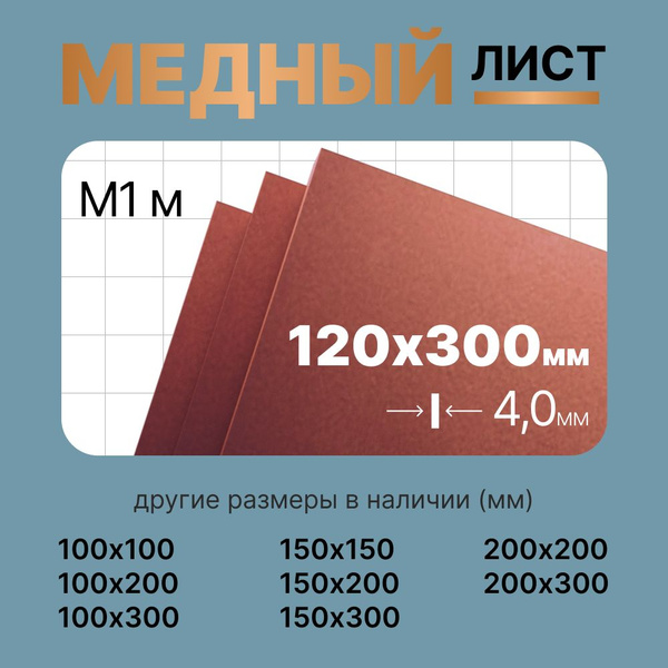 Медный лист 120х300мм 4мм. Марка М1М (мягкая). - купить с доставкой по ...