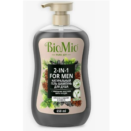 BioMio Гель для душа, Bio Shower Body & Hair Gel, мужской, Мята и кедр, с дозатором, 650 мл ...