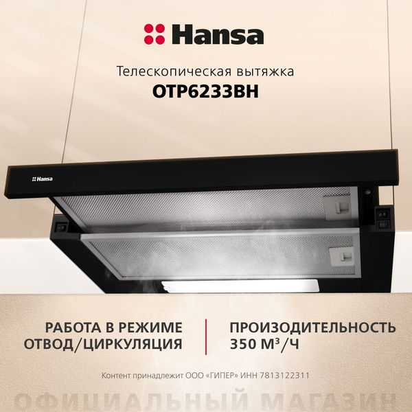 Вытяжка кухонная встраиваемая Hansa OTP6233BH, 60 см, 3 скорости, с ...