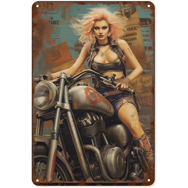 Ретро металлический оловянный логотип Sexy Girl Motorcycle Funny Art
