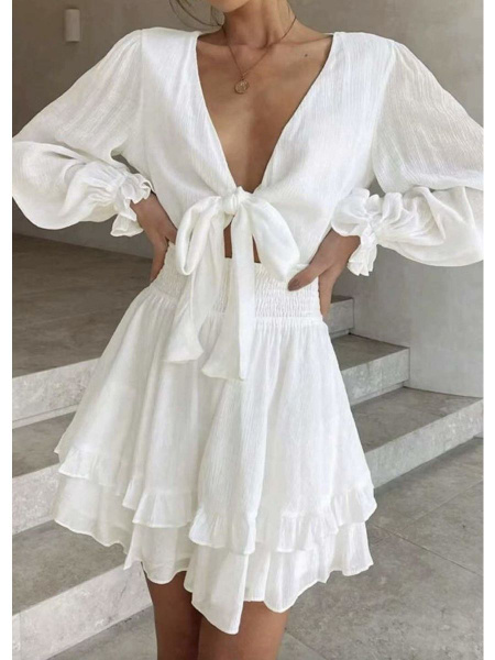 Платье Женский NOANA белый ярусное платье Повседневный Длинный Хлопок Бант, размер 42 Резинка А ...