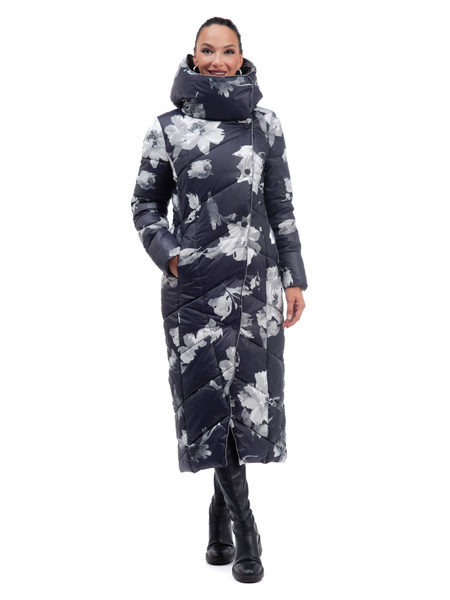 Пуховик Женский Rosso Style синий персидский капюшон Плащевка, размер 44 Длинный Зима Био-пух ...