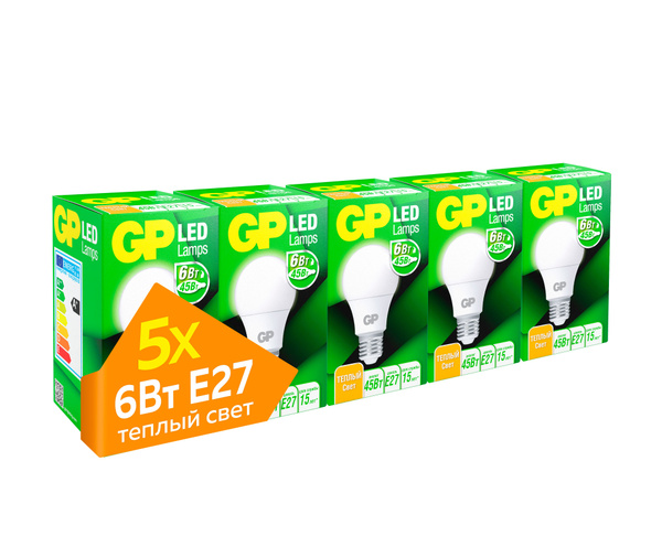 GP Лампочки светодиодные Е27 LED, теплый свет, 6 Вт, груша, 2700K, 560 ...