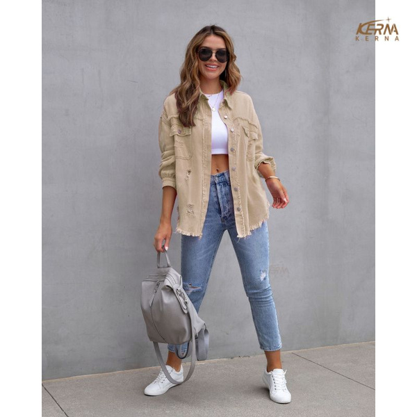Куртка джинсовая Женский KERNA Карманы хаки пиджачный Джинс, размер 58, 60 Длинный Демисезон ...