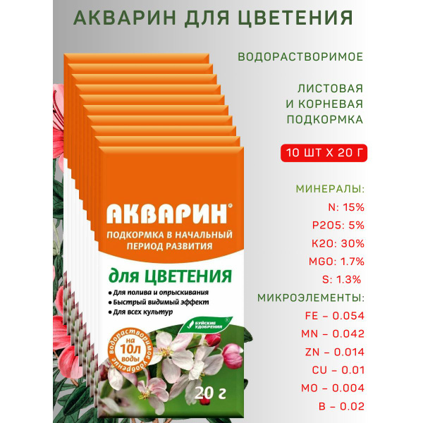Удобрение водорастворимое Акварин "Для цветения", 20 г, 10 шт купить на ...