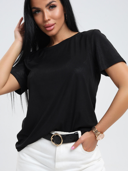 Футболка Женский MIROLINE черный Короткий, размер 64 Полиэстер, Эластан прямой Вечерний ...