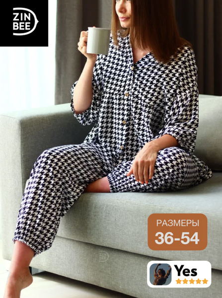 Пижама Женский ZinBee Вискоза, размер 54, 56 Разноцветный, Цветочный черный, белый Три четверти ...
