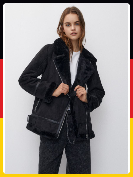 Дубленка искусственная Женский Pull&Bear черный, размер 44, 46 Еврозима Не указана купить c ...