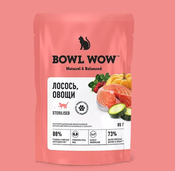 Влажный корм BOWL WOW для взрослых стерилизованных кошек с лососем и овощами (12 шт по 85 г ...