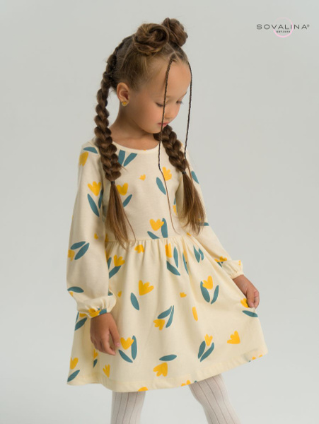 Платье Девочки SOVAlina желтый, темно-зеленый прямое Повседневный ...