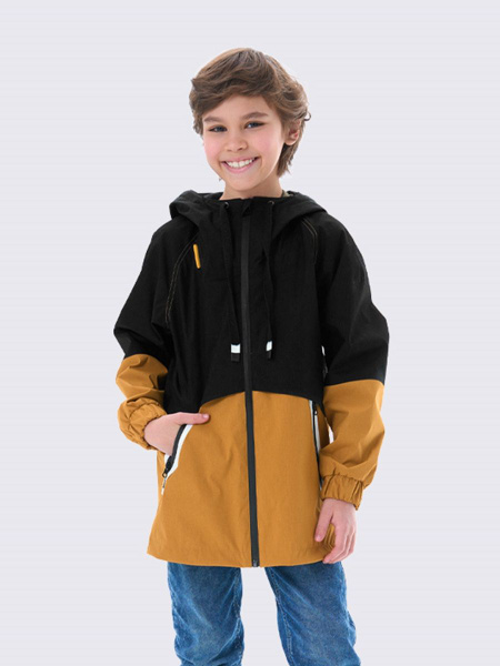 Ветровка Мальчики OLDOS Карманы, Капюшон черный, горчичный капюшон Полиэстер, размер 146 Длинный ...