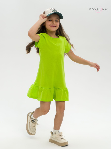Платье Девочки SOVAlina салатовый, ярко-зеленый прямое Повседневный Короткий Трикотаж, Хлопок ...