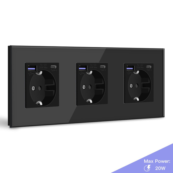Розетка электрическая тройная с Usb и Type C входами быстрая зарядка 20w рамка закаленное