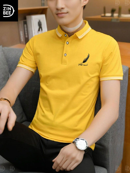 Поло Мужской ZinBee желтый Короткий, размер 48 Полиэстер FR Камуфляж облегающий Повседневный ...