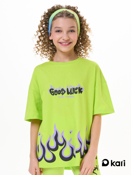 Футболка Девочки Kari светло-зеленый Короткий, размер 152 Хлопок Надписи оверсайз Повседневный ...