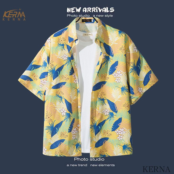 Рубашка Мужской KERNA желтый Короткий Полиэфирное волокно Цветочный, размер 56, 58 облегающий ...