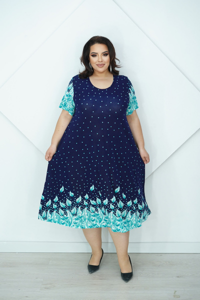 Платье Женский Assorti-moda темно-синий, бирюзовый Повседневный Короткий Трикотаж, размер 56 Без ...