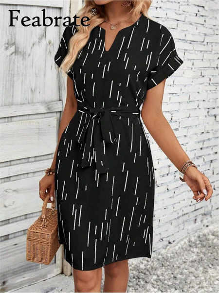 Платье Женский Feabrate черный Повседневный Короткий Полиэстер, размер 48, 50 Пояс свободный ...