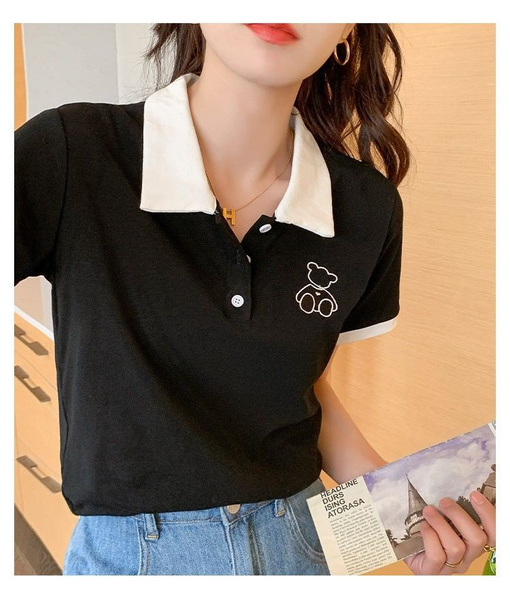 Поло Женский Miu Miu черный Короткий размер 44 Хлопок Орнамент облегающий Повседневный Китай