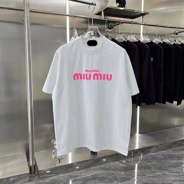 Футболка Мужской Женский Miu Miu белый Короткий размер 52 Хлопок Надписи Орнамент облегающий