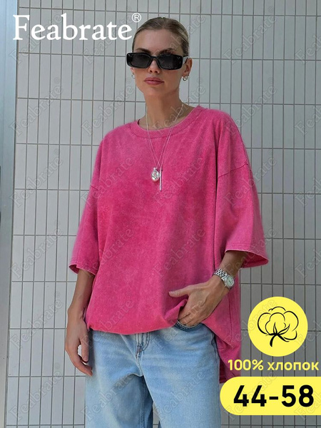 Футболка Женский Feabrate глубокий розовый Короткий, размер 48 Хлопок Однотонный оверсайз ...