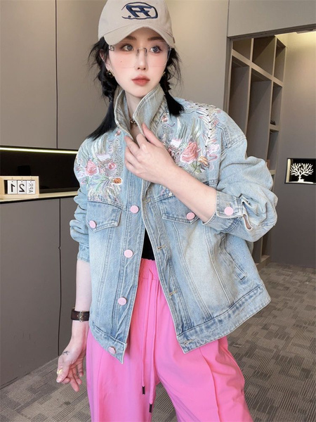 Куртка Женский YIFU HOME Вышивка темно-синий Деним, Хлопок, размер 48 Длинный Демисезон ...