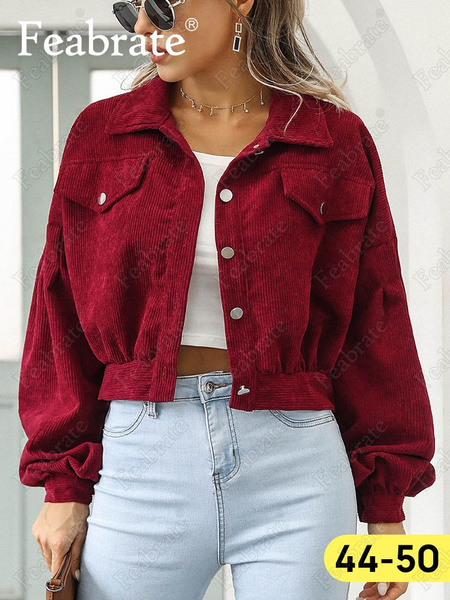 Жакет Женский Feabrate бордовый Вельвет, размер 46 свободный Длинный Кнопки Однотонный ...