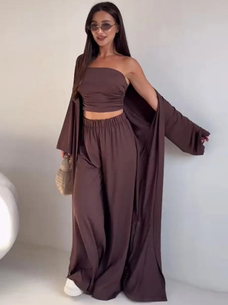 Комплект одежды Женский Pull&Bear Повседневный тройка верблюжий, размер 40 Политекс Однотонный ...